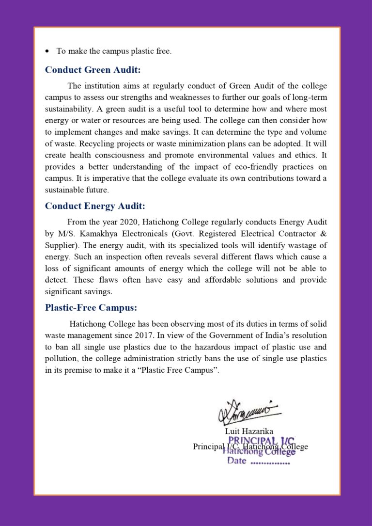 Policy for Green Campus Initiatives - Hatichong College : Nagaon